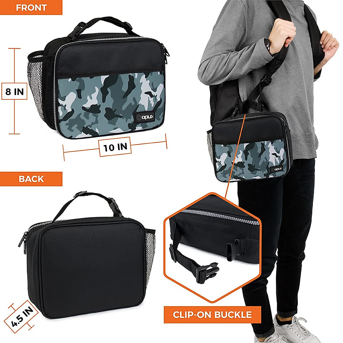 opux Insulated Lunch Bag Kids, Lunch Box for School Boy Girl, Leakproof Small Reusable Compact Soft Mini Cooler Bag, Toddler Small Lunch Boxes Kit Pail with Front Side Pockets (Camo Green)