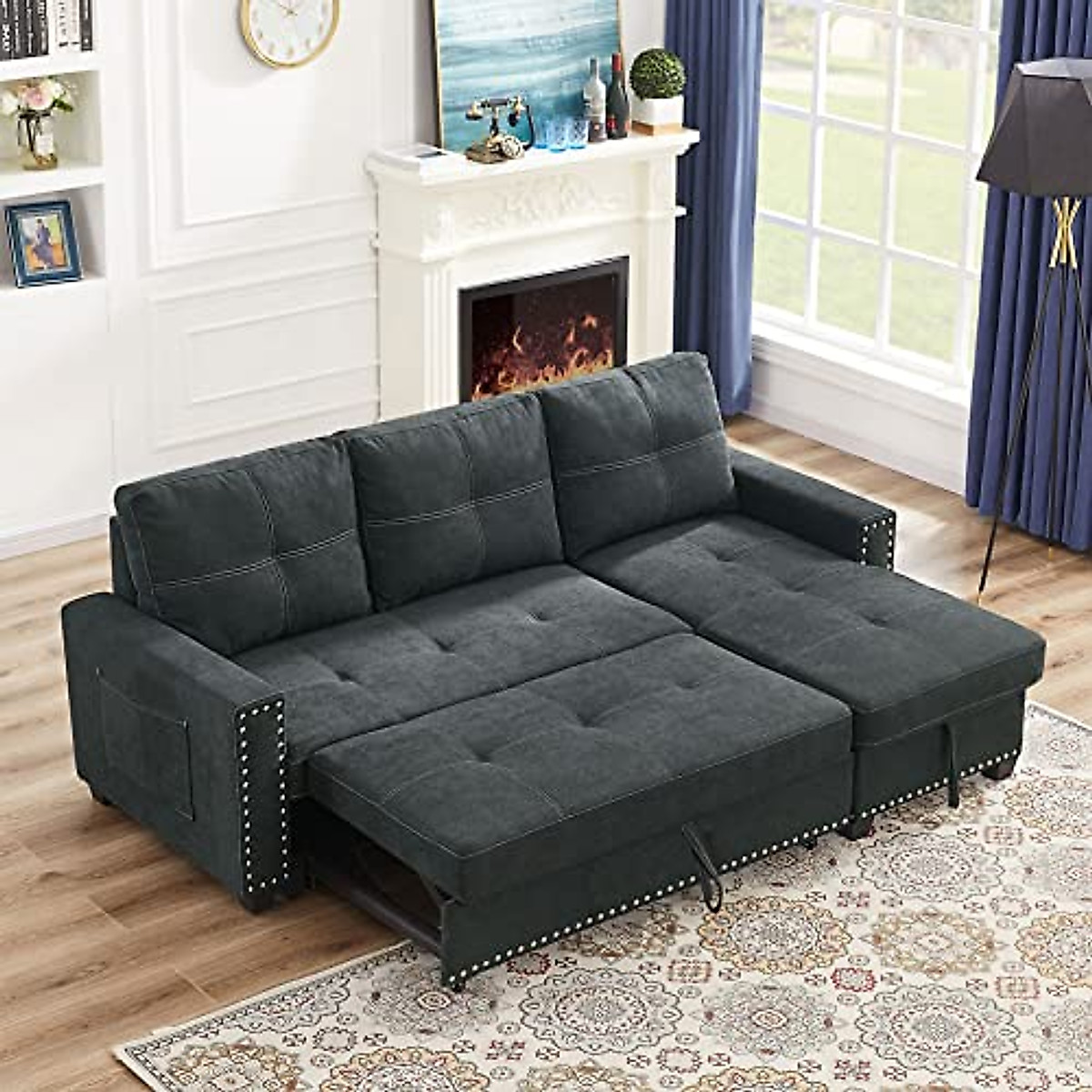 Evedy Upholstery Sleeper Sectional Sofa with Storage Chaise-Pull Out Couch Bed Reversible SofaBed for Living Room Furniture Set, Silver Rivets on Both Hands, a-Black