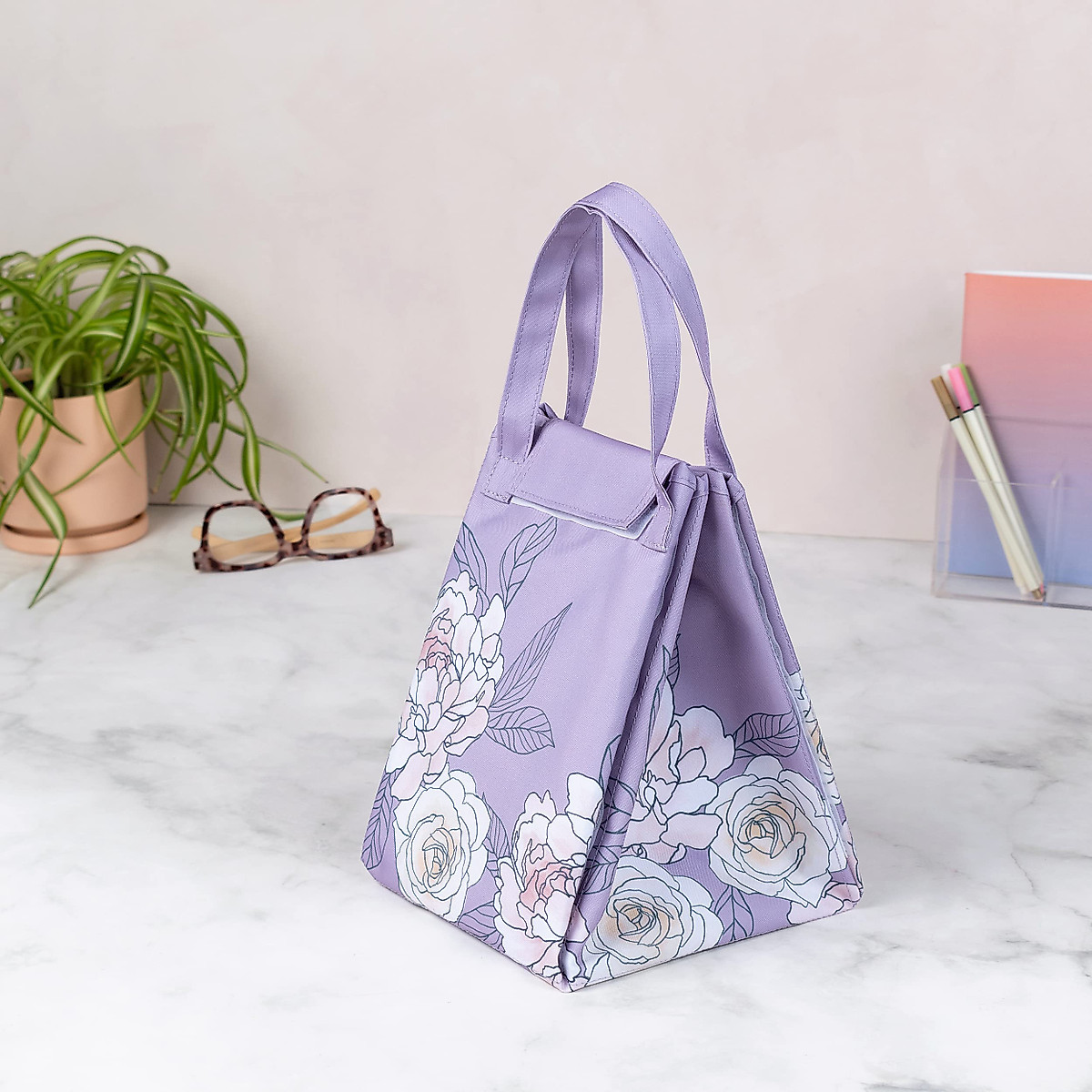 Erin Condren Lunch Tote Bag for Women & Men Insulated in Flora Design. Collapsible Adult Lunch Bag with Velcro Close for Travel, Picnic, Hiking, Work, Beach