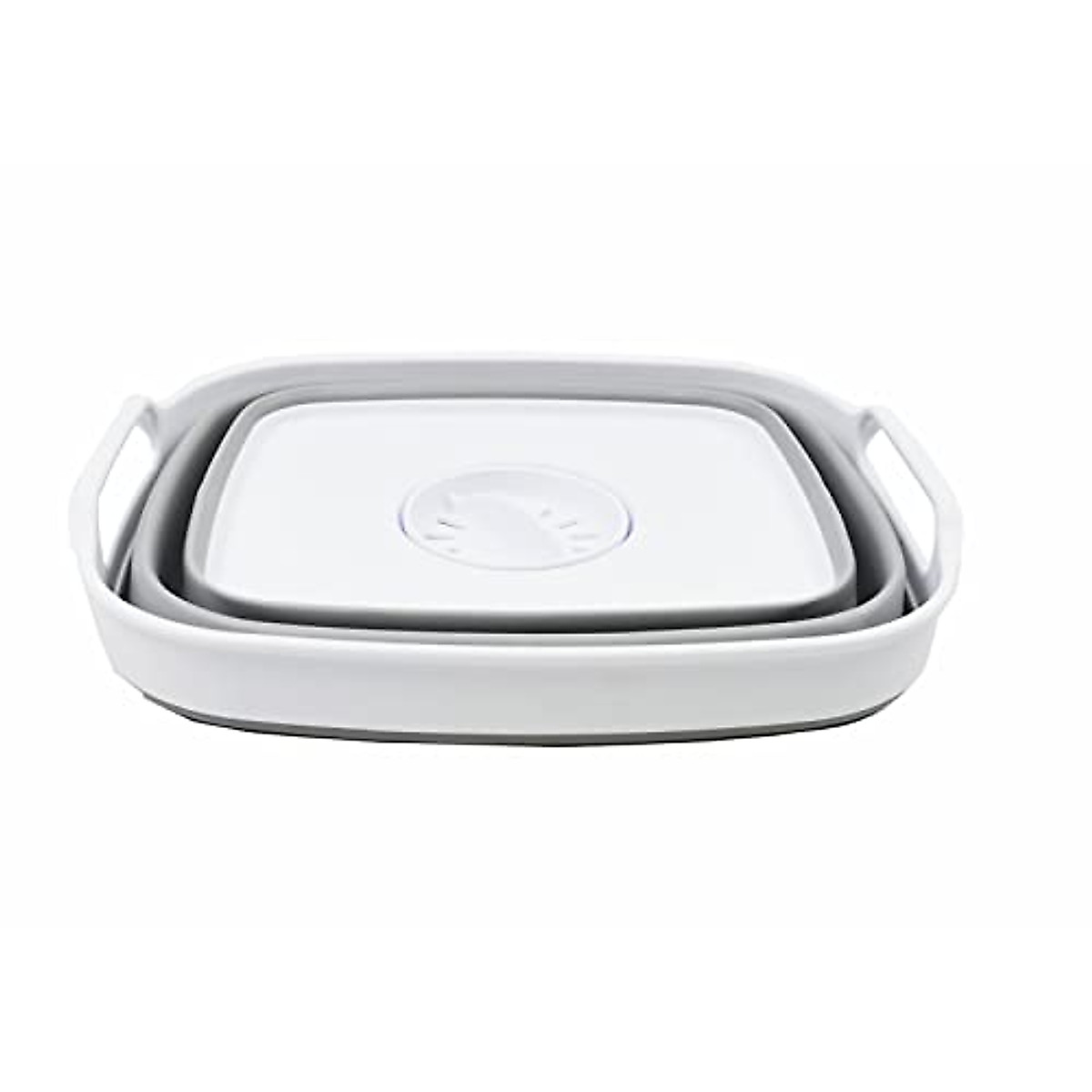 SAMMART 7.5L (2 Gallons) Collapsible Dishpan with Draining Plug - Foldable Washing Basin - Portable Dish Washing Tub - Space Saving Kitchen Storage Tray (White/Grey, 1)