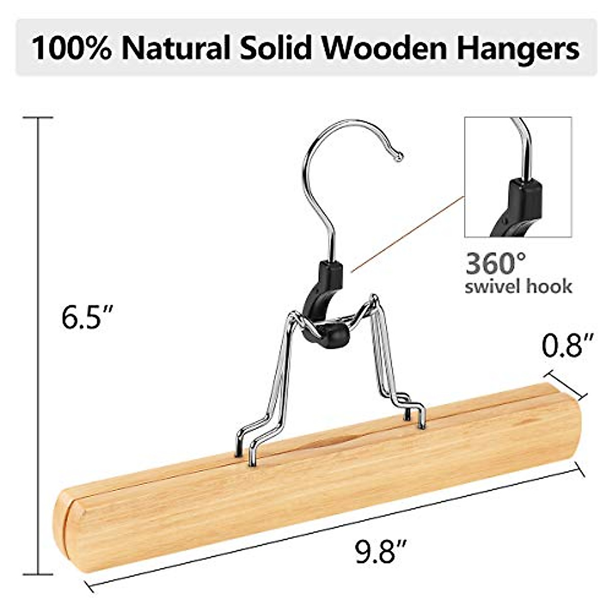 AMKUFO 12 Pack Natural Wooden Pants Hangers with Clips Non Slip Skirt Hangers Trouser Clamp Hanger Solid Wood Hanger with 360° Swivel Hook