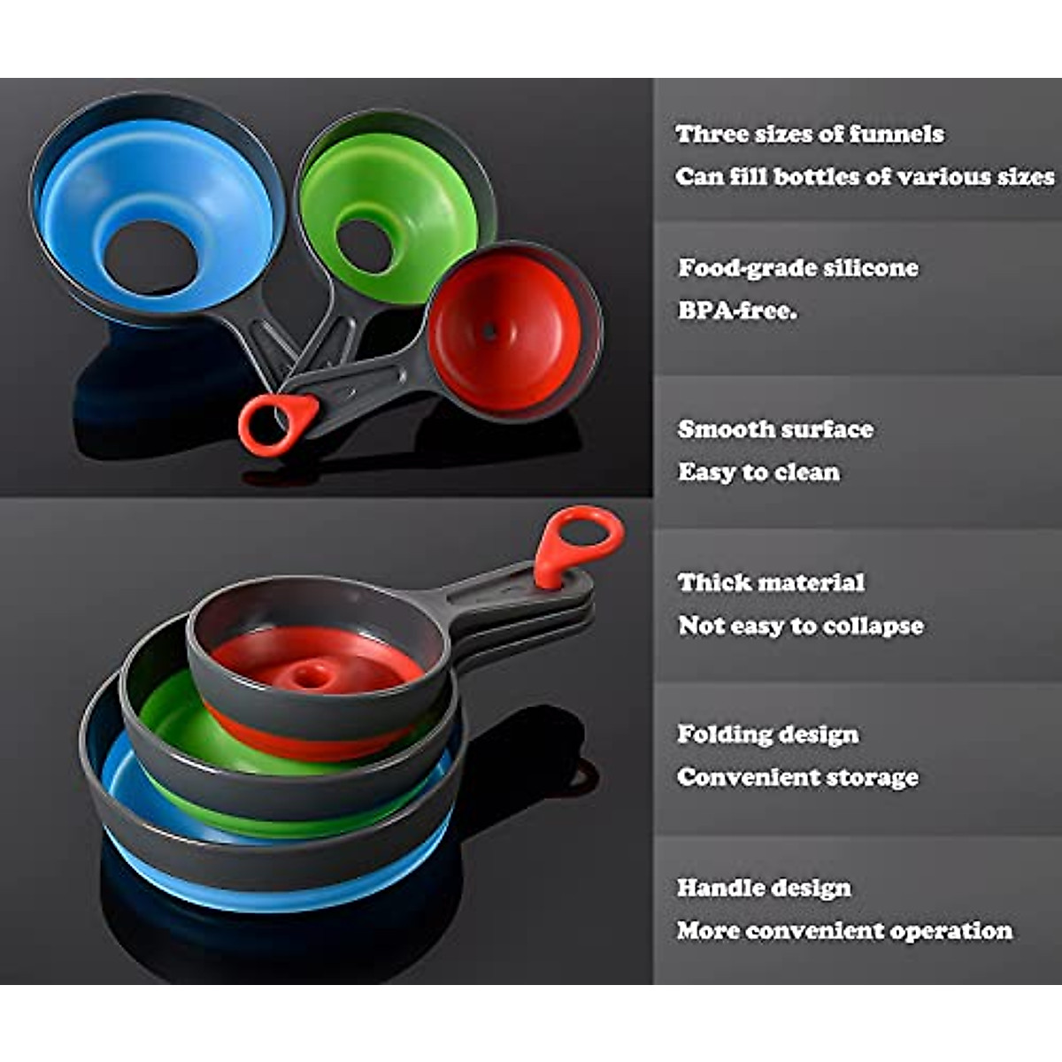 Canning Funnels for Kitchen Use,Food Grade Silicone Collapsible Kitchen Funnel Set of 3,Large Wide Mouth Funnel for Mason Jars,Jam and Spice,Small Funnel for Filling Bottles and Powder