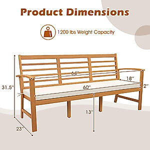 RELAX4LIFE 64’’ Outdoor Bench Acacia Wood - 3-Seat Patio Bench w/Slatted Backrest, Armrests & Seat Cushion, Extra Long Front Porch Bench for Park Poolside Yard, 1200LBS Capacity, 3-Person Garden Bench