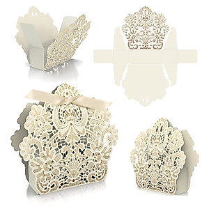 Maykah 50 Packs Candy Boxes for Wedding Favor, Flower Gift Box Candy Box with Ribbons for Bridal Shower Wedding Party Anniversary Favors, Off White