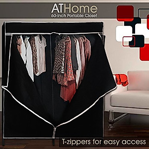 ATHome Lightweight, Durable, Sturdy, Dust and Moisture Proof, Easy Open T-Zipper, Portable Closet Wardrobe, 60 inches, Black