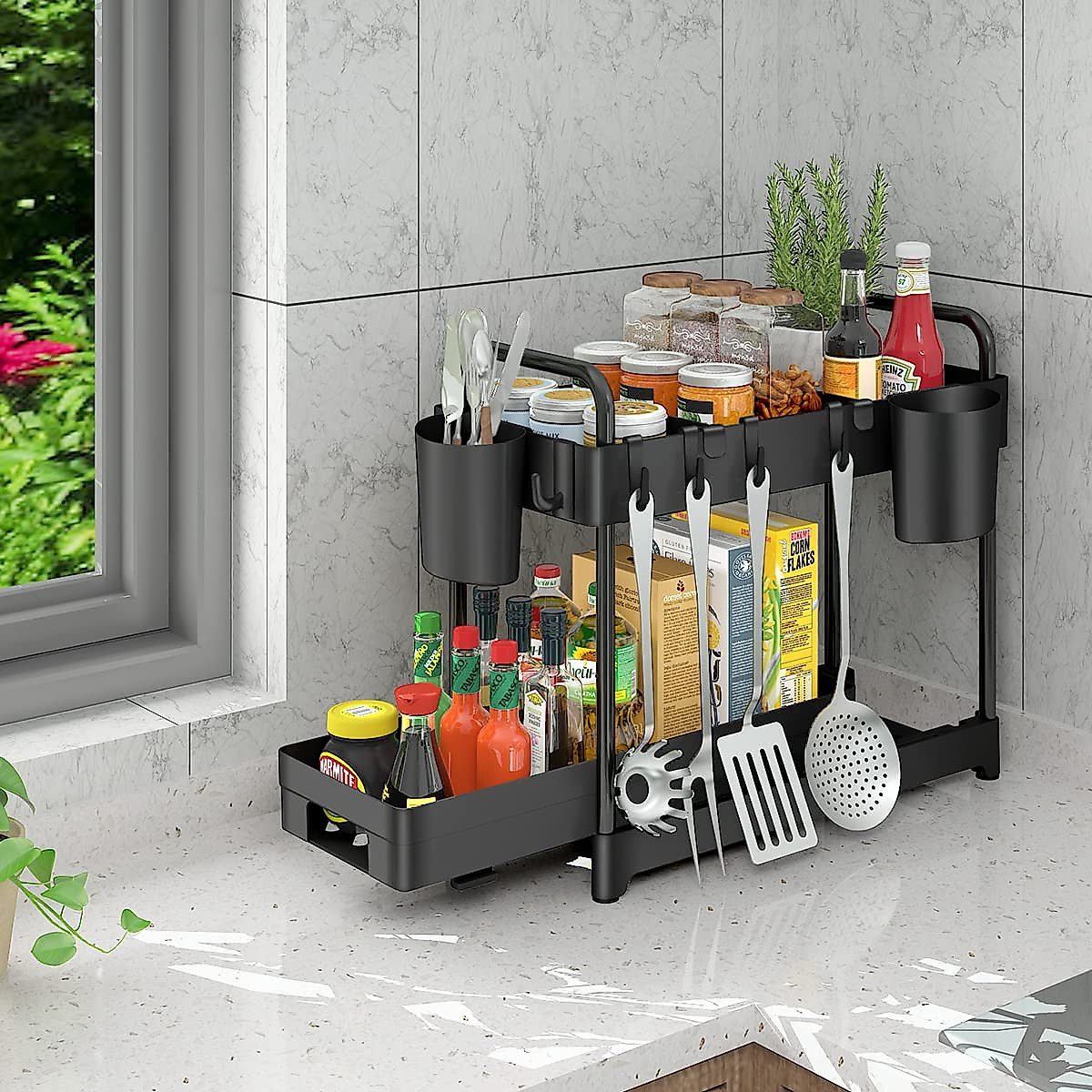 2 Pack Under Sink Organizers and Storage, 2 Tier Under Sliding Cabinet Basket Organizer with Hanging Cups,Hooks,Dividers,Handles,Multi-Purpose Storage Drawer Basket Organizer for Kitchen Bathroom