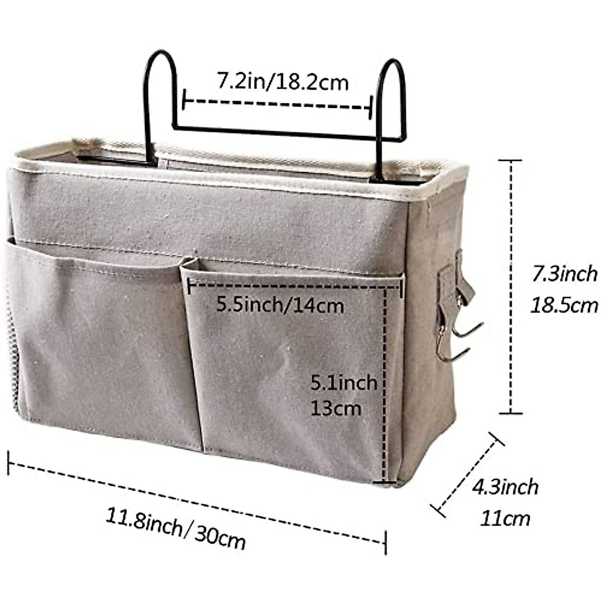 FYY Bedside Caddy, Bedside Hanging Organizer with 4 Pockets and 2 Hooks for Bunk and Hospital Beds, College Dorm Rooms Bed Rails, Can be Placed Bottle, Books, Mobile Phones, Tablets, Keys Grey