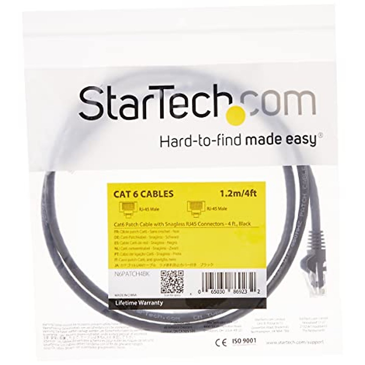 StarTech.com 4ft CAT6 Ethernet Cable - Black CAT 6 Gigabit Ethernet Wire -650MHz 100W PoE RJ45 UTP Network/Patch Cord Snagless w/Strain Relief Fluke Tested/Wiring is UL Certified/TIA (N6PATCH4BK)