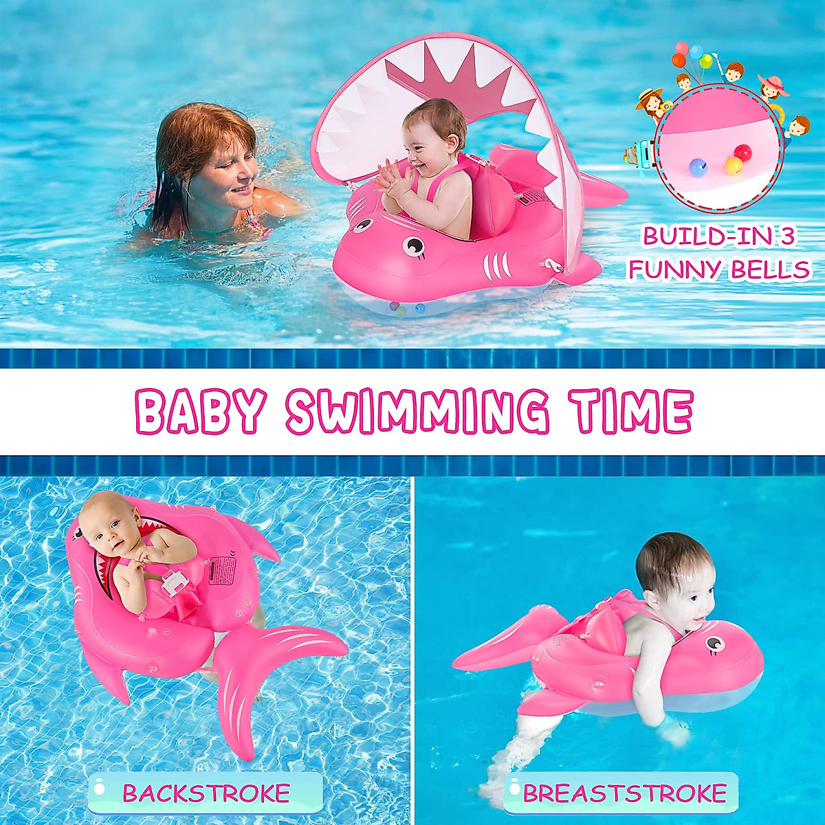 Baby Pool Float, Infant Swimming Float with Sun Protection Canopy Inflatable Floaties for Toddlers Shark Baby Swim Floats Ring for Pool Bath Toys for Newborn 3-36 Months