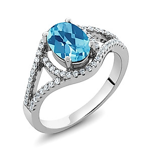 Gem Stone King 925 Sterling Silver Oval Checkerboard Swiss Blue Topaz Gemstone Birthstone Ring 2.01 cttw (Size 5)