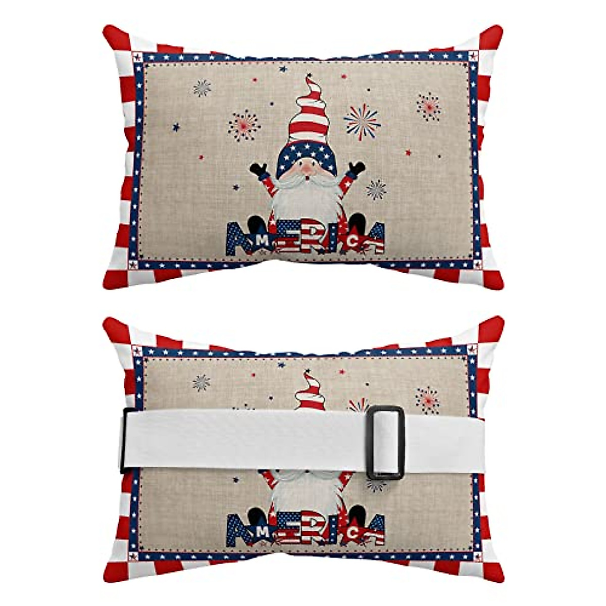 Recliner Head Pillow Ledge Loungers Chair Pillows with Insert Independence Day American Flag Pentagram Gnome Red White Stripes Border Lumbar Pillow with Adjustable Strap Patio Cushion, 2 PCS