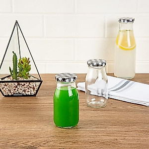 French Countryside 6 Ounce Glass Bottles, 10 Durable Juice Bottles - With Black Plaid Lid, Dishwashable, Clear Glass Countryside Bottles, For Hot And Cold Beverages - Restaurantware