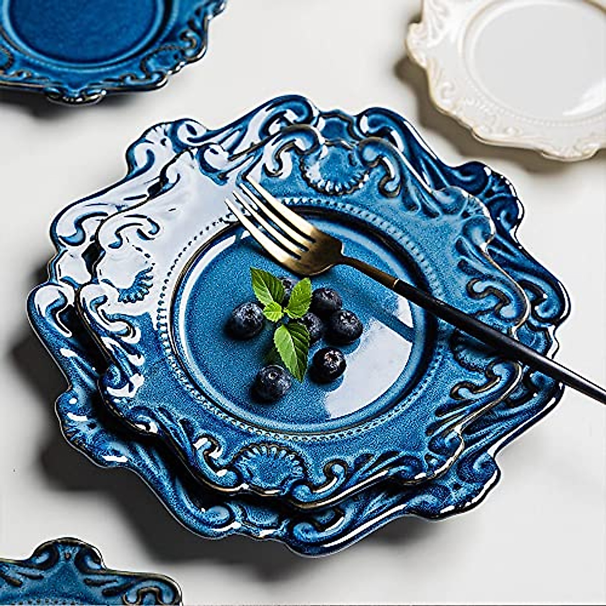 KOWMcp Dinner Plates Vintage Embossed Dessert Plate Ceramic Salad Dish Steak Pasta Dinner Plate Kitchen Tableware Dinnerware Party Household (Color : White, Size : C)