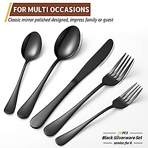 30 Piece Black Silverware Set, Stainless Steel Flatware Utensil Sets for 6, Black Cutlery Set Includes Forks Spoons Knives, Mirror Polished, Dishwasher Safe