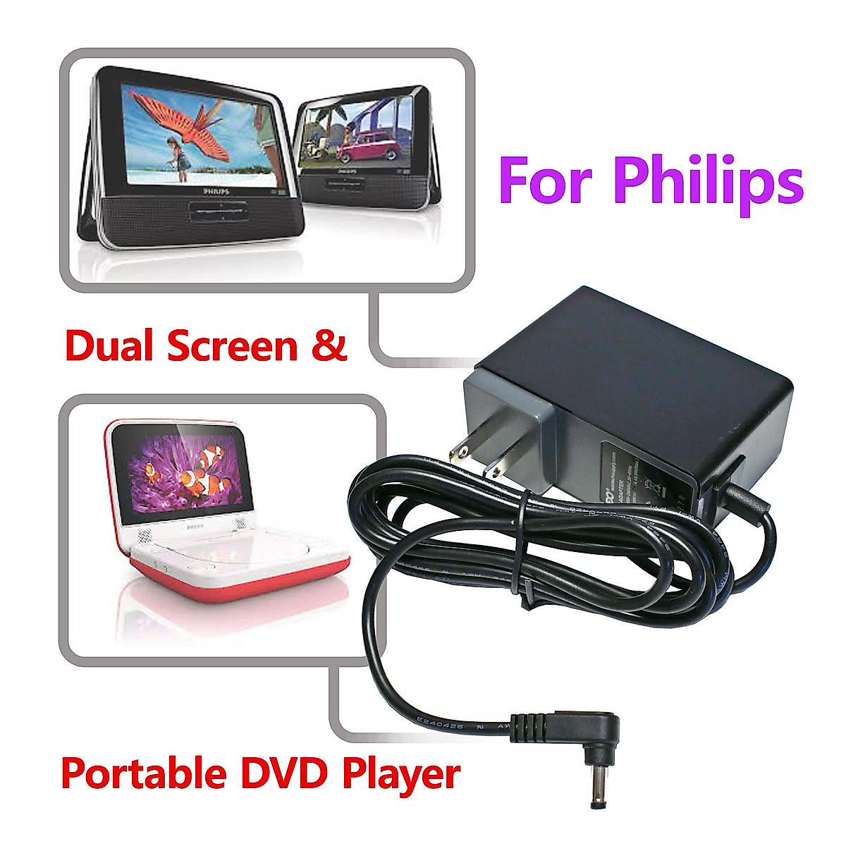 EDO Tech AC Wall Charger Power Adapter for 7 8 9 10 Inch Philips Portable Dual Screen DVD Player Pd9000 Pd9016 Pd9012 Pd9030 Pet702p/17 (6.5 Ft Long Cord)