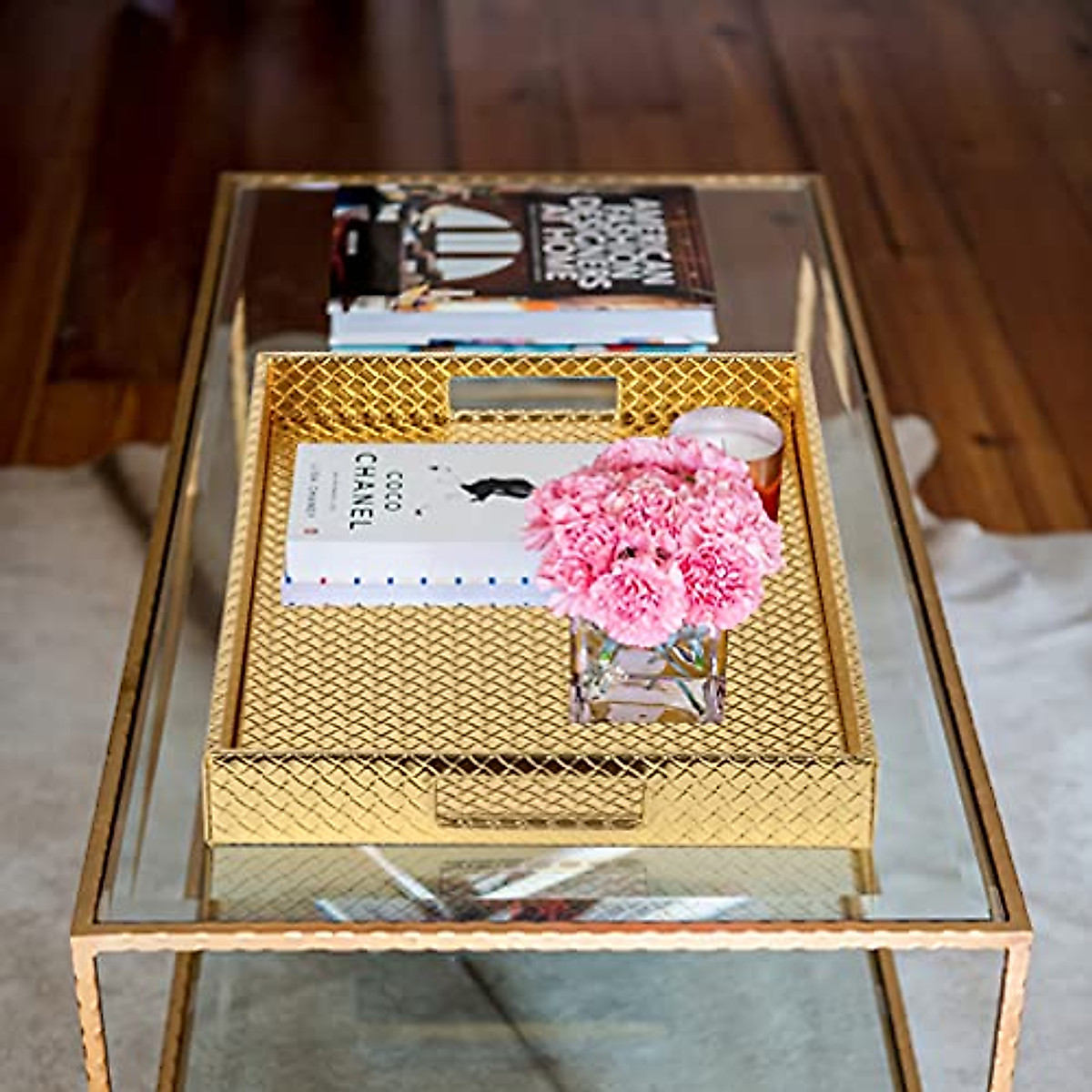 HofferRuffer Rectangle Serving Tray with Hole Handles for Coffee Table, Breakfast, Tea, Food, Butler - Countertop, Kitchen, Vanity Serve Tray, 16.2 x 12.2 x 2 inches, Faux Leather Tray (Gold)