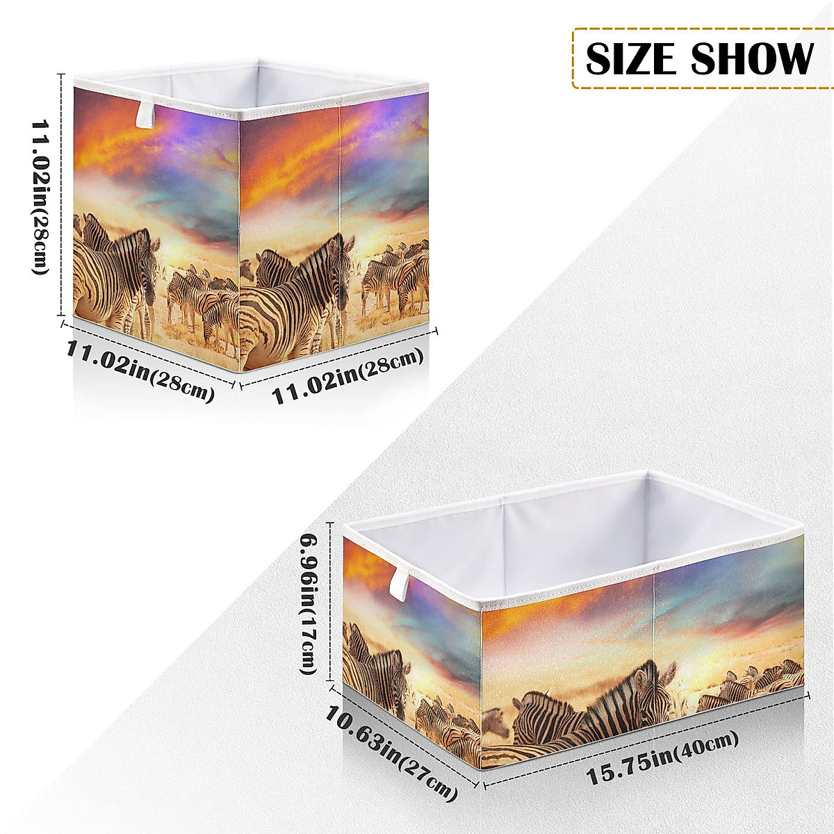 Oyihfvs Zebra Group in Desert On Sunset Colorful Sky Square Collapsible Open Storage Bins, Foldable Toy Nursery Basket Bin Cloth Cube Organizer with Handles for Shelves Closet