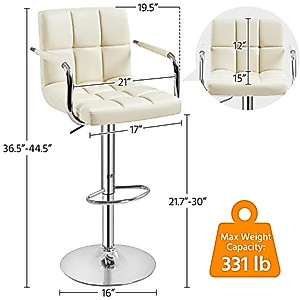 Yaheetech Tall Bar Stools Set of 2 Modern Square PU Leather Adjustable BarStools Counter Height Stools with Arms and Back Bar Chairs 360° Swivel Stool, Beige