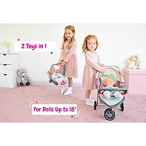 KOOKAMUNGA Baby Doll Stroller Travel System - Retractable Canopy, Feeding Tray, Soft Handle & Swivel Wheels - Pink Gray