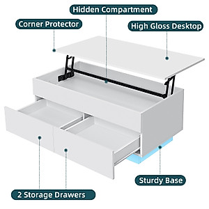 HOMMPA Lift Top Coffee Table with Hidden Storage LED Coffee table Morden High Gloss White Living Room 3 Tiers Tea Table with Storage Center Tables Hidden Compartment & 2 Drawers