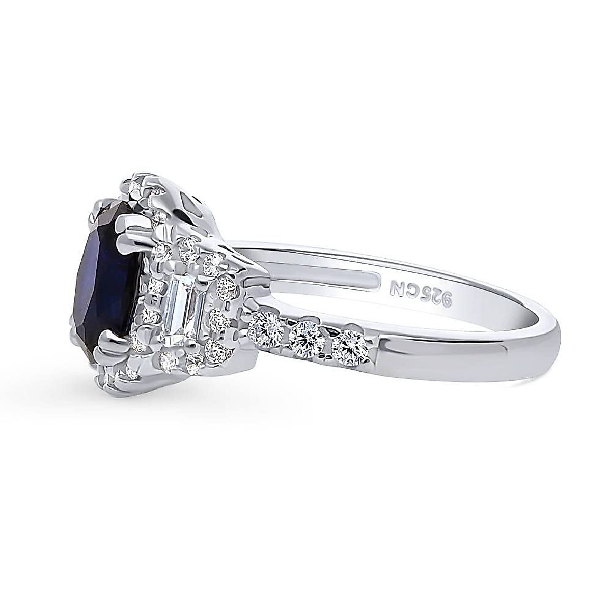 BERRICLE Sterling Silver 3-Stone Simulated Blue Sapphire Oval Cut Cubic Zirconia CZ Halo Fashion Ring for Women, Rhodium Plated Size 8.5
