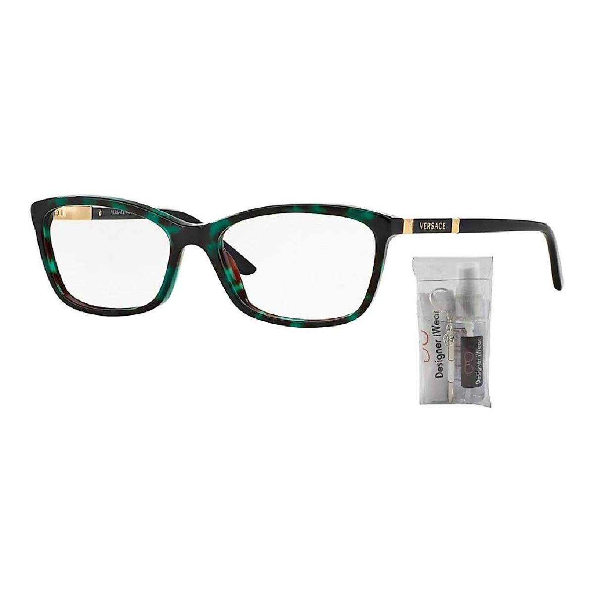 Versace VE3186 5076 54M Green Havana Transparent Cateye Eyeglasses For Women+ BUNDLE With Designer iWear Eyewear Kit