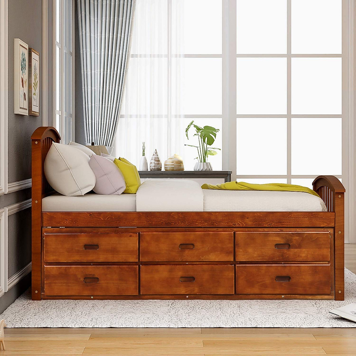 Merax Platform Storage Bed Solid Wood Bed Frame for Boys Girls Kids Adults Toddler with 6 Drawers Twin Size