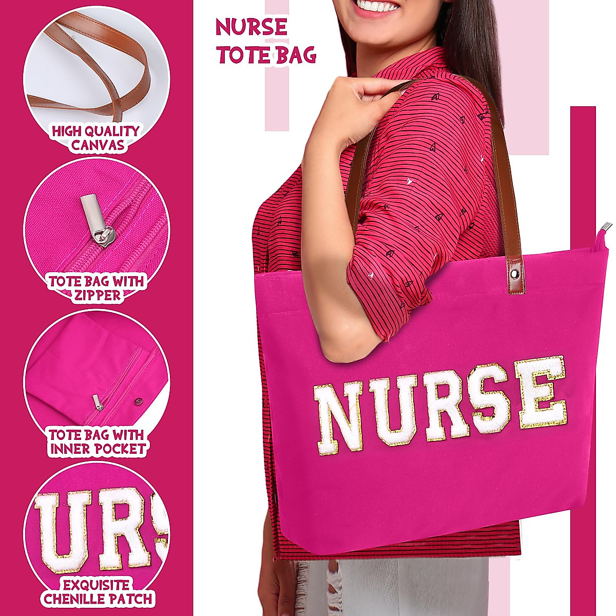 Locmeo 2 Pcs Tote Bag Gift for Teacher Nurse Dance Preppy Makeup Bag Cosmetic Women Chenille Letter School party(Nurse)