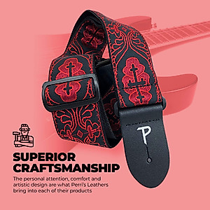 Perris Leather Guitar Strap - Red Crosses Jacquard Ribbon Guitar Strap, with Leather Ends - Electric/Acoustic/Bass Guitar Strap - Adjustable Strap From 39″ to 58″ - Red/Black (TWS-7071)