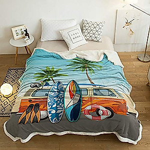 Summer Coastal Coconut Tree Surfboard Sherpa Flannel Throw Blankets Thick Reversible Plush Fleece Blanket for Bed Couch Sofa Decor Ocean Diving Theme,Ultra Soft Warm Fuzzy TV Blanket 50x60in