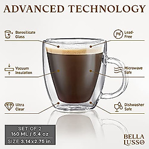 Glass Espresso Cups - Double Wall Insulated Coffee Mugs - Designed in USA - 2 Pack, 5 oz - Set for Cappuccino,Latte,Tea,Shots - Borosilicate Glassware - Dishwasher,Microwave Safe - Premium Gift Box