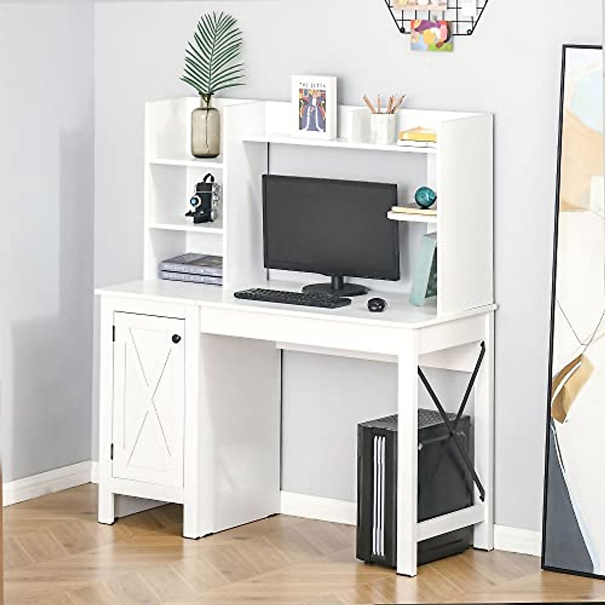 HOMCOM Farmhouse Computer Desk with Hutch and Cabinet, Home Office Desk with Storage, for Study, White