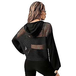 Verdusa Women's Sexy See Through Fishnet Long Sleeve Drawstring Hoodie Top Sweatshirt Black M