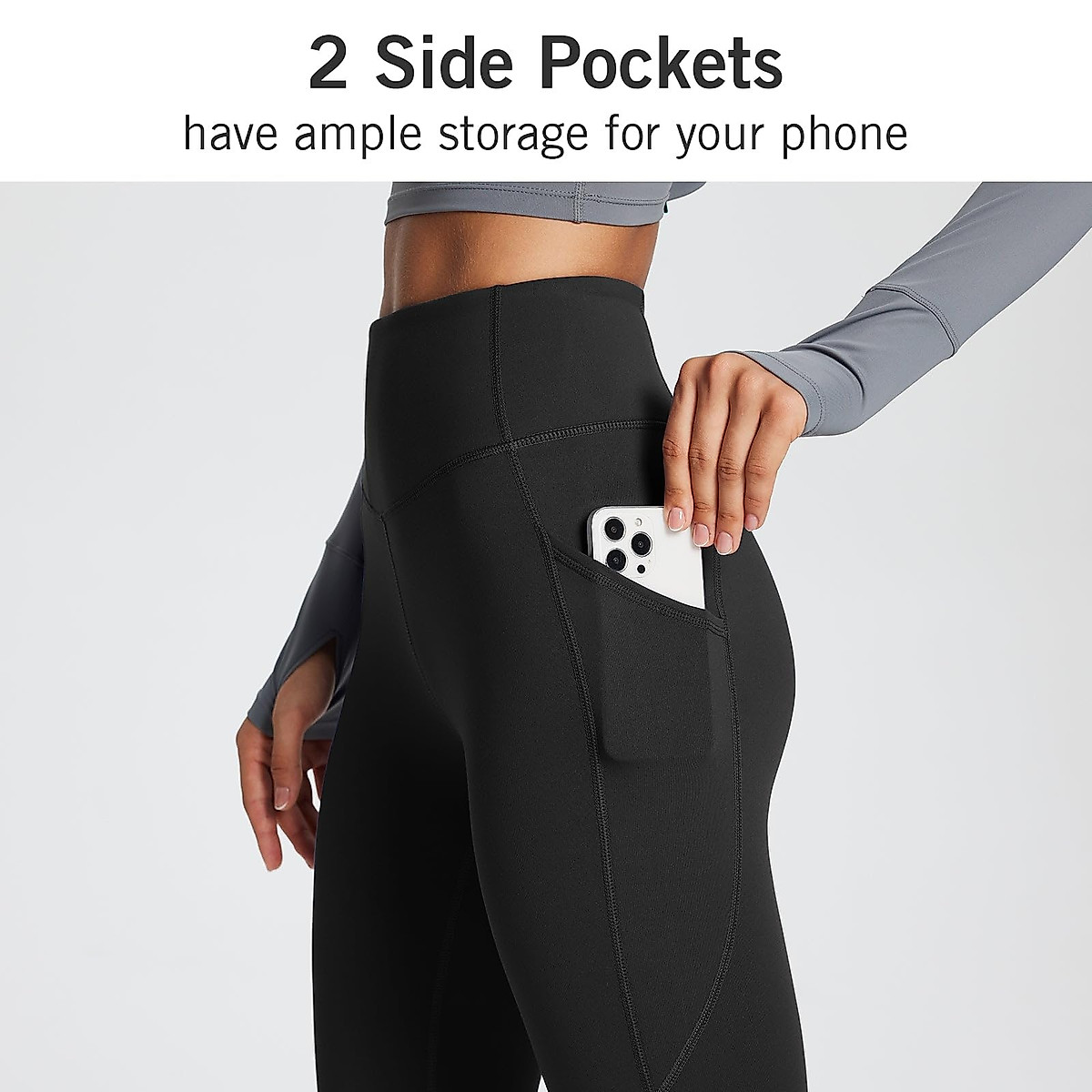 BALEAF Women's Fleece Lined Leggings with Pockets 25" Petite Thermal Winter Warm High Waisted Thick 7/8 Yoga Pants Black S