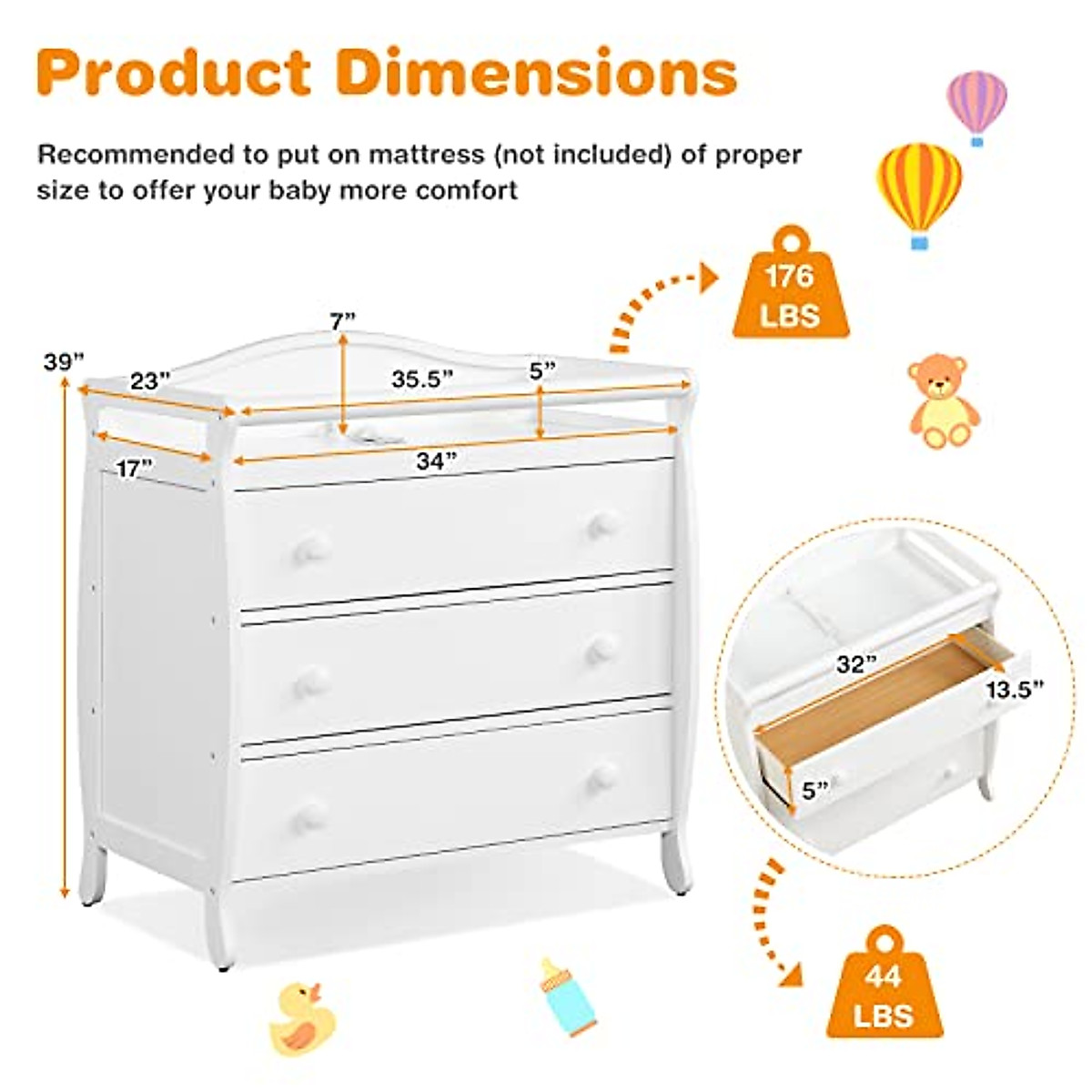 Costzon 3-Drawer Changing Table, Infant Diaper Changing Station with Drawers, Safety Rails & Strap, Baby Changing Table Dresser for Nursery, Easy Assembly (White)