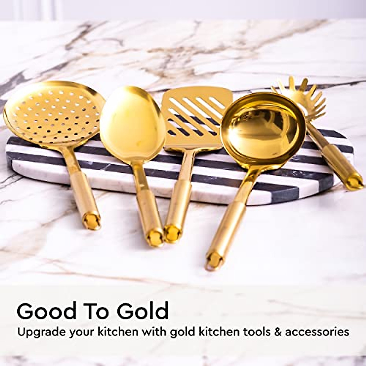 Brass/Gold Cooking Utensils Set for Modern Cooking and Serving - 5 PC Dishwasher Safe Stainless Steel Gold Utensils Set - Gold Serving Spoon, Gold Ladle - Gold Kitchen Utensils for Gold Kitchen