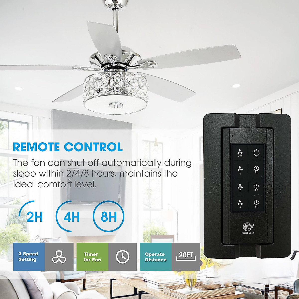 Parrot Uncle Ceiling Fans with Lights and Remote 52 Inch Chandelier Ceiling Fan with Light for Bedroom, Reversible Motor, 3 Speeds, Timer, Silver