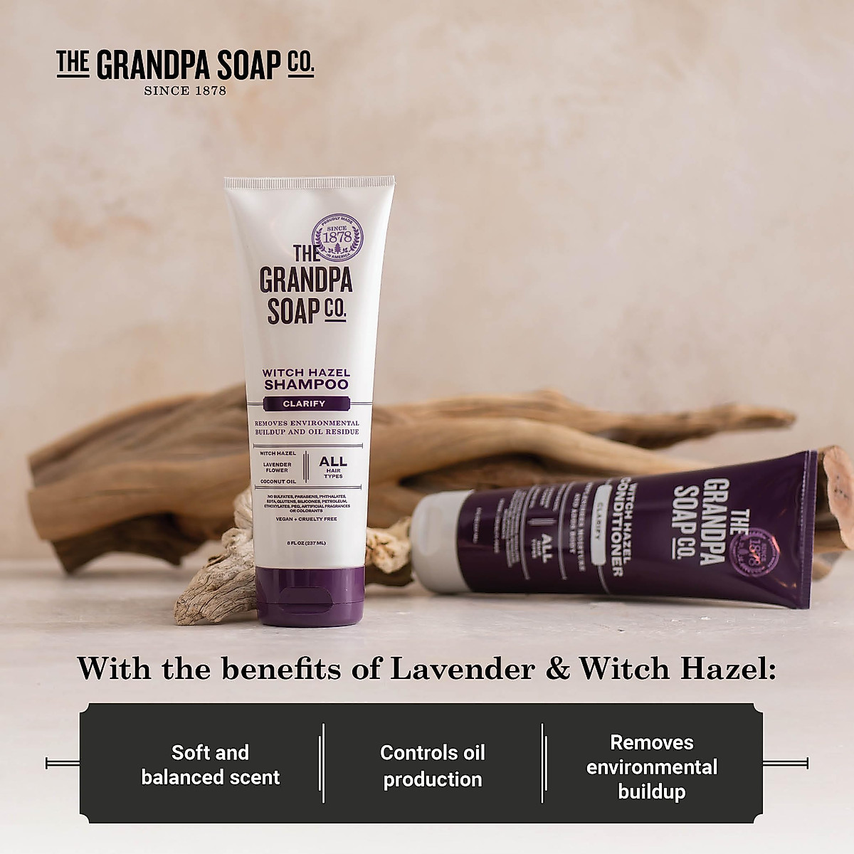 The Grandpa Soap Company Clarifying Witch Hazel Shampoo - Removes Buildup, With Witch Hazel & Lavender Flower, For All Hair Types, Vegan, Sulfates and Parabens Free, 8 Fl Oz