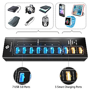 SmartDelux Powered USB Hub - USB 3.0 Ports Hub with 3 Smart Charging Ports, Power Adapter, Long Cord, LEDs (10-Port USB Hub)