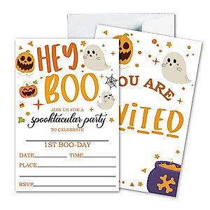 Deluxe Halloween or Costume Party Invitations, 25 Fill-in Cards with Envelopes, Pumpkin, Ghost, Monster, Cute Trick or Treat, Box or Treat for Kids Birthday or Adult party - 4"X6" (JRM359)