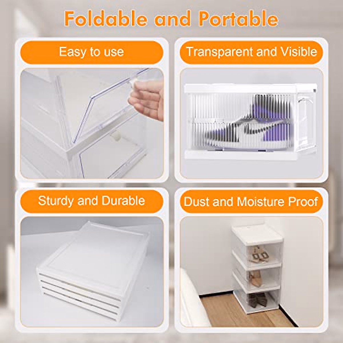 Relaxmm Shoe Boxes Clear Plastic Stackable, 3 Pack Installation-free Stackable Shoe Boxes Large Capacity Clear Plastic Foldable Shoe Organizer with Doors