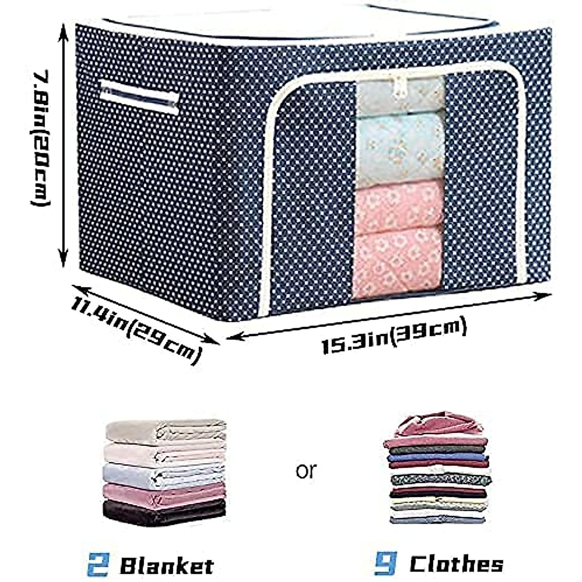 Storage Bins for Clothes , Oxford Cloth Closet Organizer Boxes with Clear Windows & Zippers & Metal Fraem, Foldable Large Capacity Storage Box Great for Clothes,Closets, Bedrooms(2 Pack 22L Blue)…