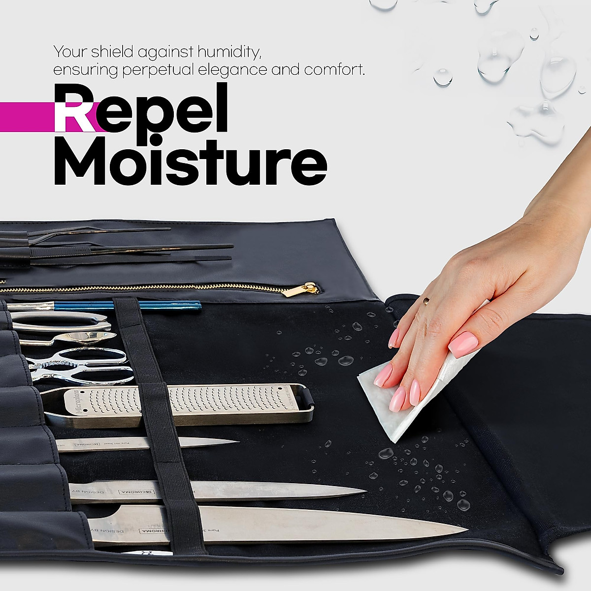 Knife Roll, Durable Waxed Canvas Chef Bag - 16 Total Slots for Knives & Kitchen Tools, A Large Zipper Pocket for Cutlery, Blades Case, Portable Pouch with an Adjustable Shoulder Strap