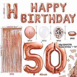 MOVINPE 50th Rose Gold Birthday Party Decoration, Happy Birthday Banner, Jumbo Number 50 Foil Balloon, 2 Rose Gold Fringe Curtain, Latex Confetti Balloon, Table Confetti for Girl Women Anniversary