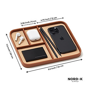 Nordik Leather Valet Tray - Sand Brown - Premium Vegan Leather Stylish and Organized Nightstand Tray for Men - EDC Catchall Tray for Keys, Watch, Wallet, Jewelry - Modern Bedside Caddy