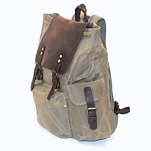 Peraware SAGE Genuine Leather Green Military Backpack Casual Daypack Backpacks Rucksack - Mens Backpack for Travel - Canvas Leather Backpack for Women Men Luggage Laptop Backpack for Men.