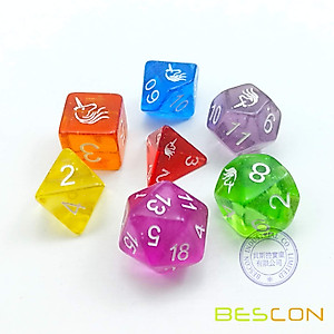 Bescon Colorful Unicorns Rainbow Sparkled Polyhedral D&D Dice Set of 7 RPG Role Playing Game Dice 7pcs Set