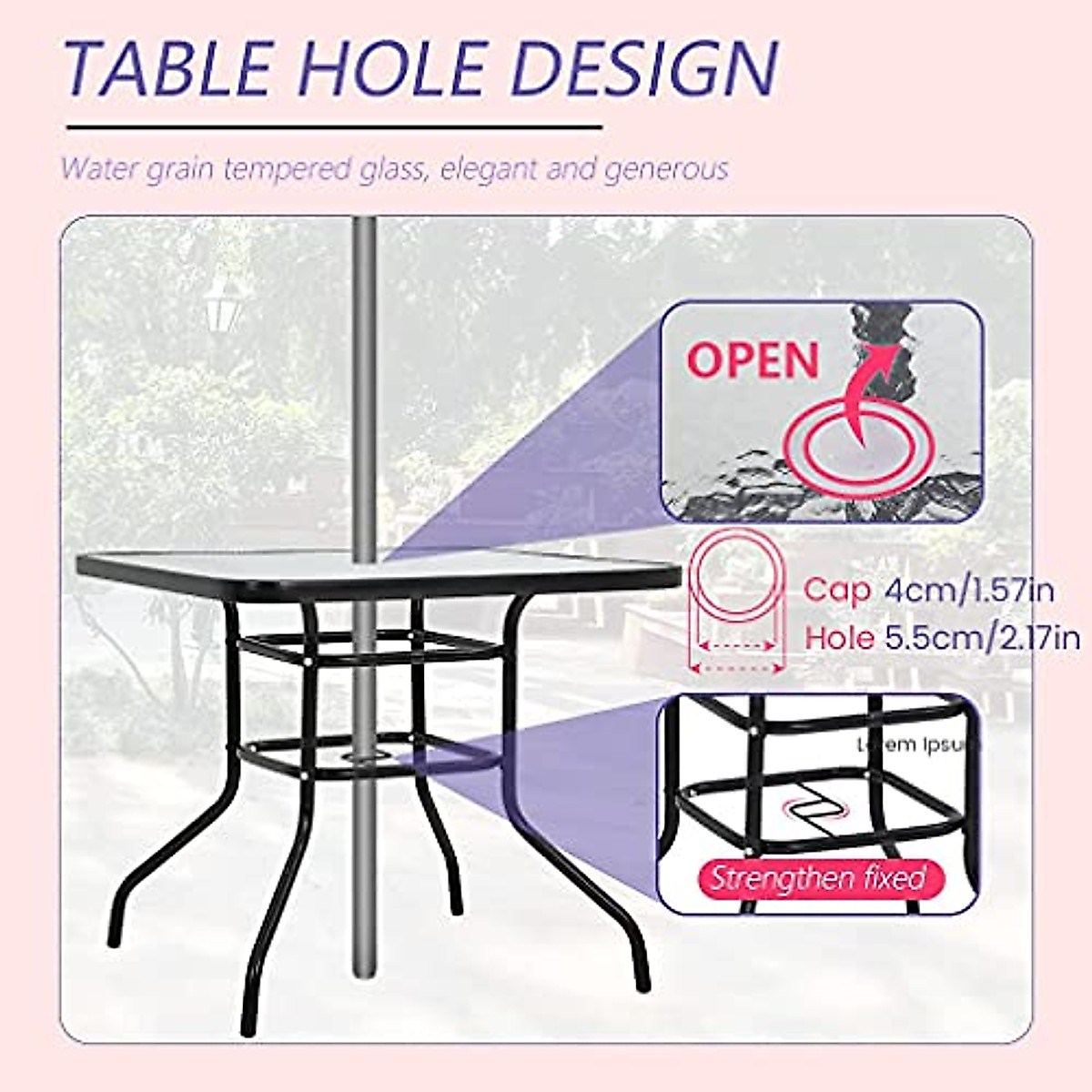 FDW Outdoor Table Patio Table Dining Table with Tempered Glass Umbrella Hole for Lawn Balcony, Yard (Square)
