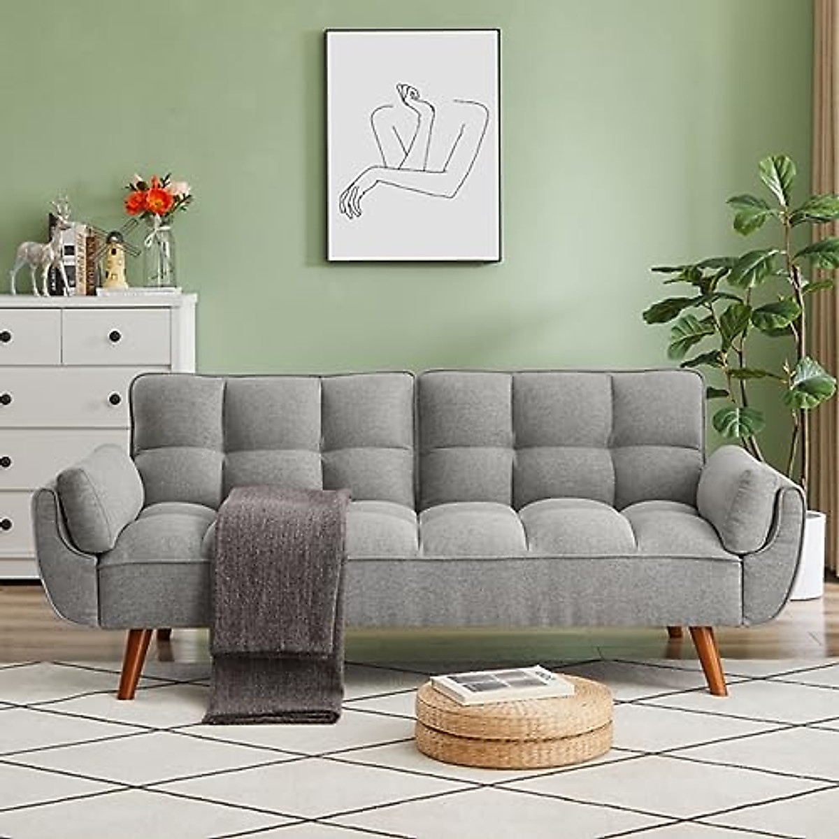 Sofa Bed with Wood Base, Modern Convertible Futon Sleeper Couch Daybed with Adjustable Backrest for Studio, Apartment, Office, Small Space, Compact Living Room Recliners (Grey)