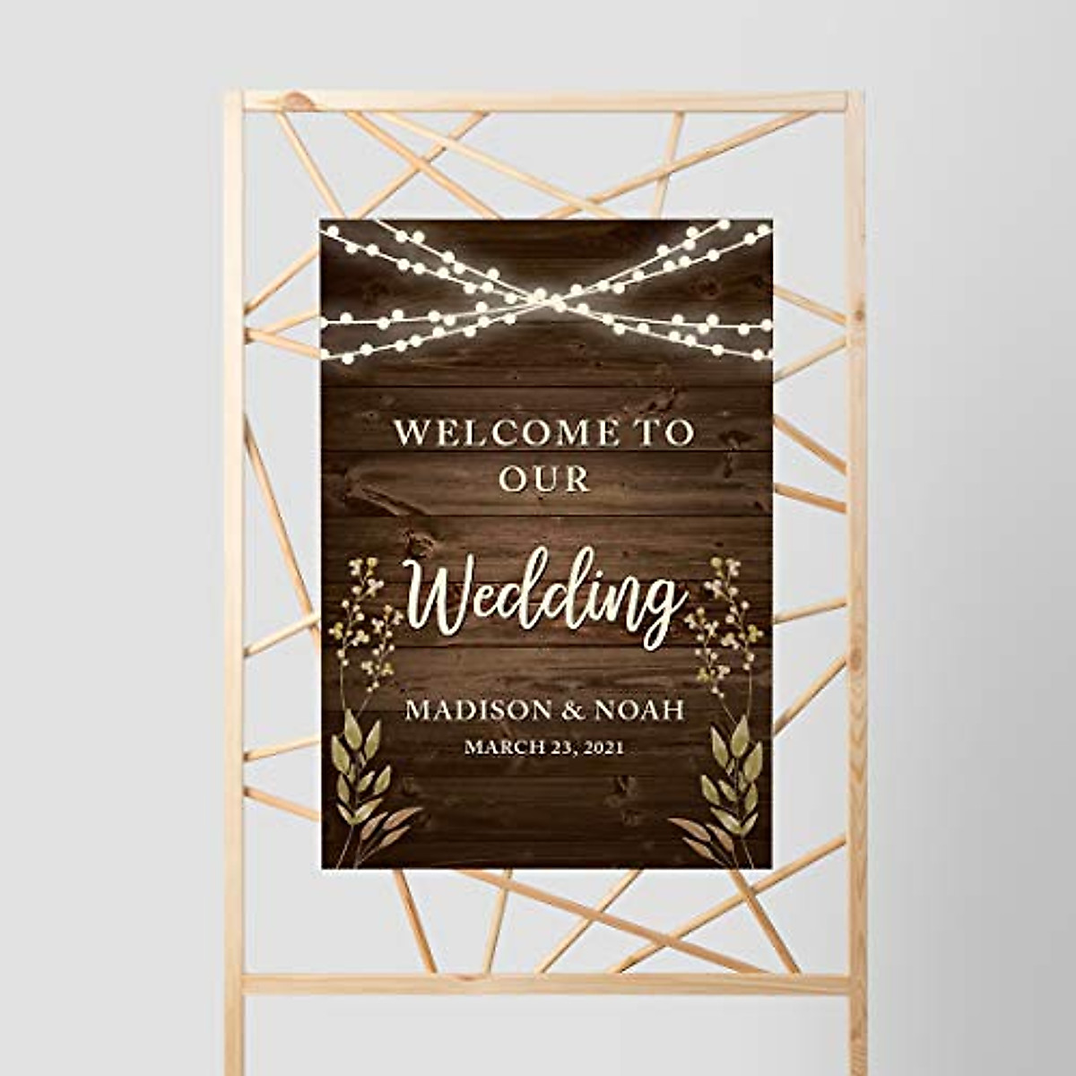Andaz Press Personalized Extra Large Wedding Easel Board Party Sign, 12x18-inch, Rustic Wood with Hanging Ball Lights and Florals, Welcome to Our Wedding Bride Groom Name Date, 1-Pack, Custom